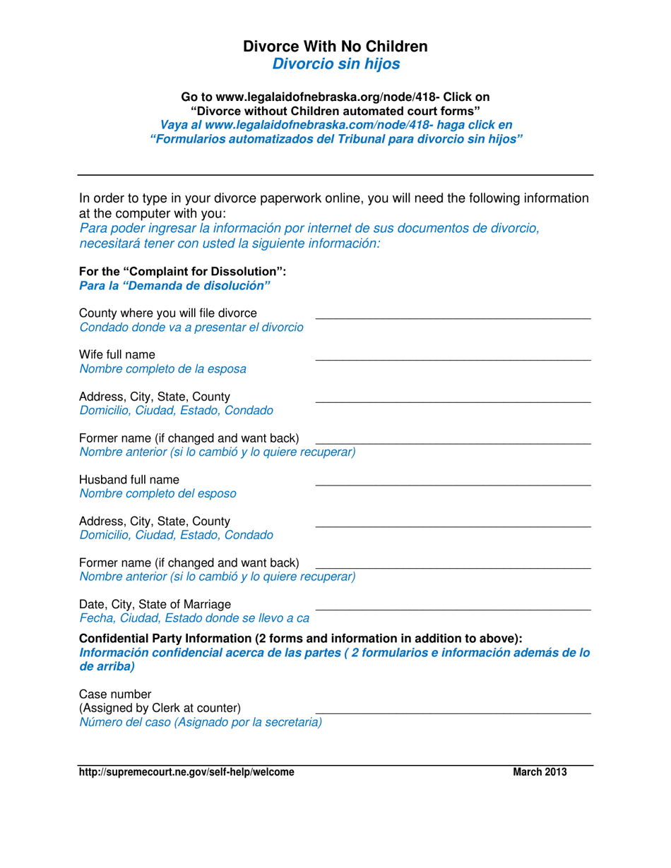 Nebraska Divorce With No Children (English/Spanish) - Fill Out, Sign ...