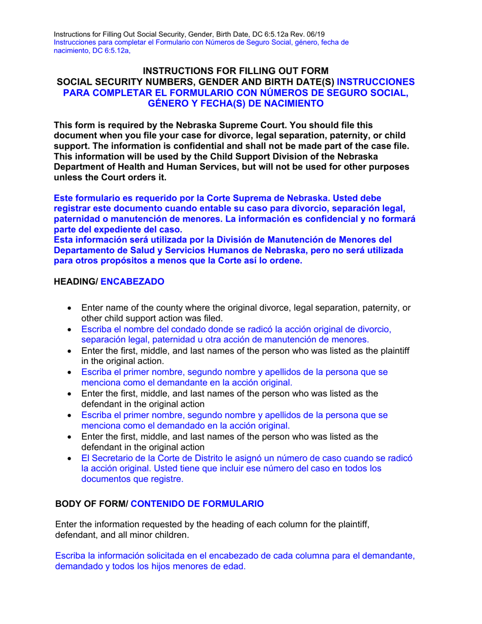 Download Instructions For Form Dc6 5 12 Social Security Numbers Gender