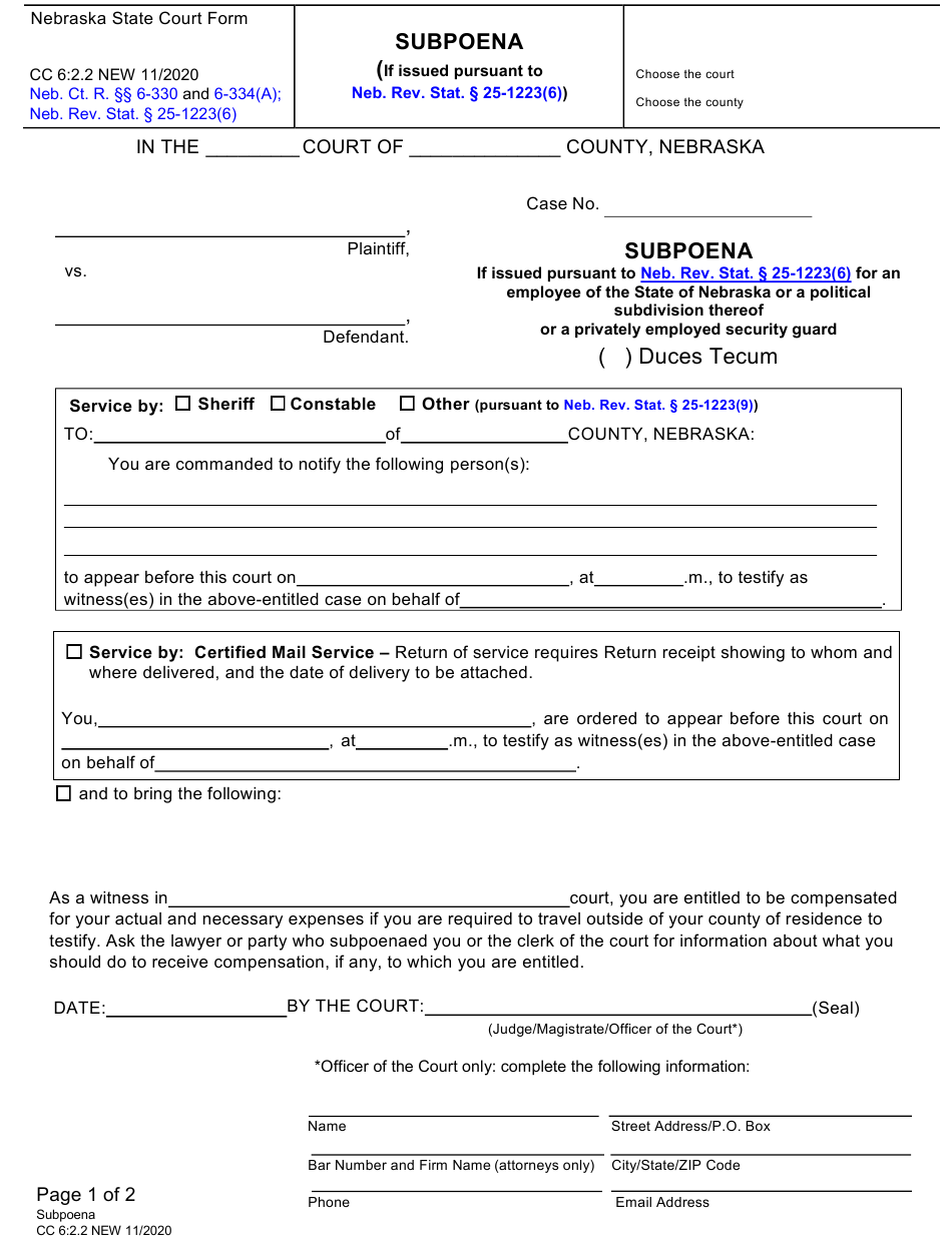 Form Cc6 2 2 Download Fillable Pdf Or Fill Online Subpoena If Issued