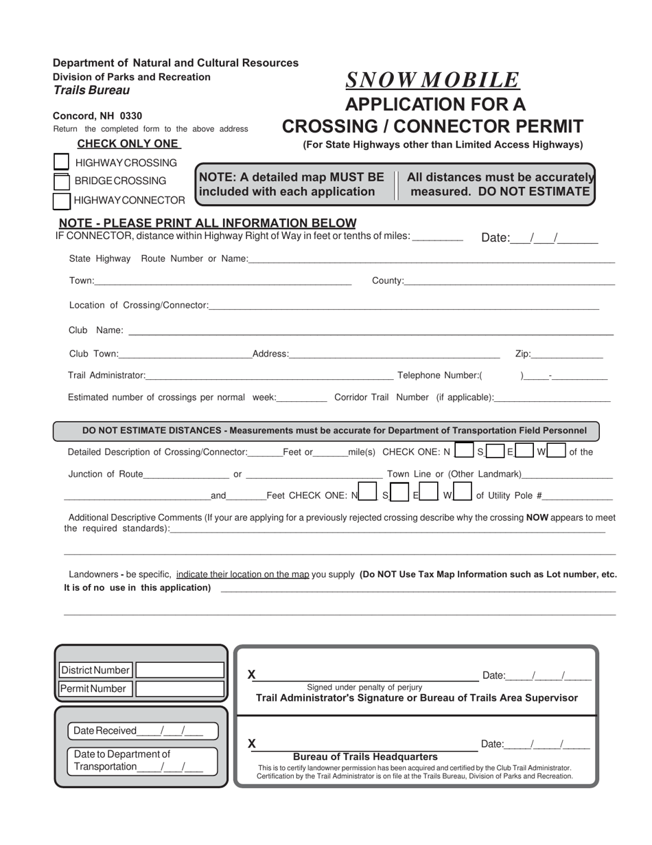 New Hampshire Snowmobile Application for a Crossing/Connector Permit ...