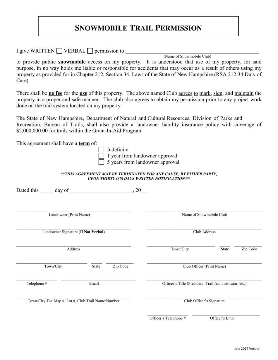 New Hampshire Snowmobile Trail Permission - Fill Out, Sign Online and ...