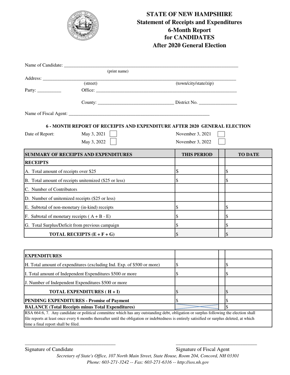 New Hampshire 6-month Receipt and Expenditure for Candidates After 2020 ...