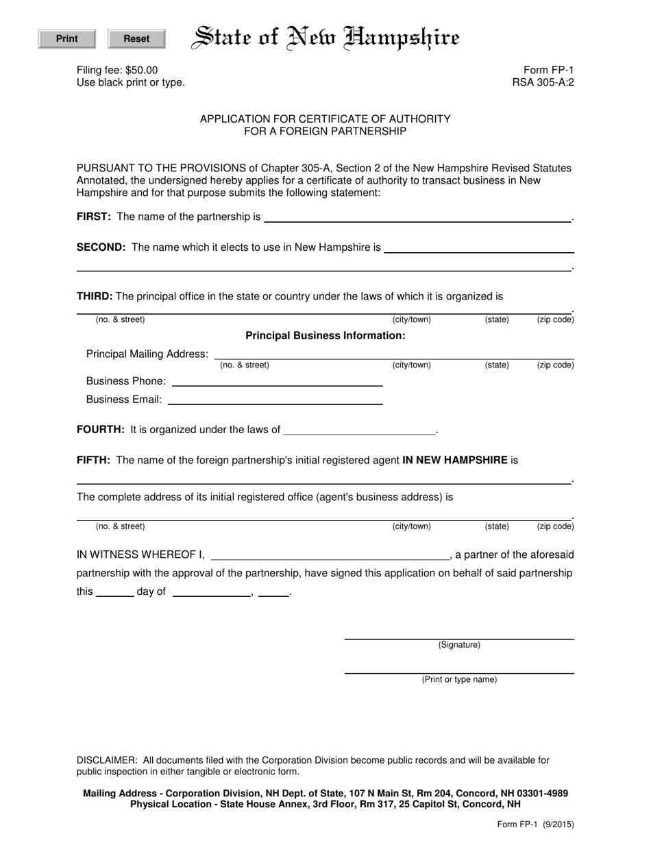 Form FP-1 - Fill Out, Sign Online and Download Fillable PDF, New ...
