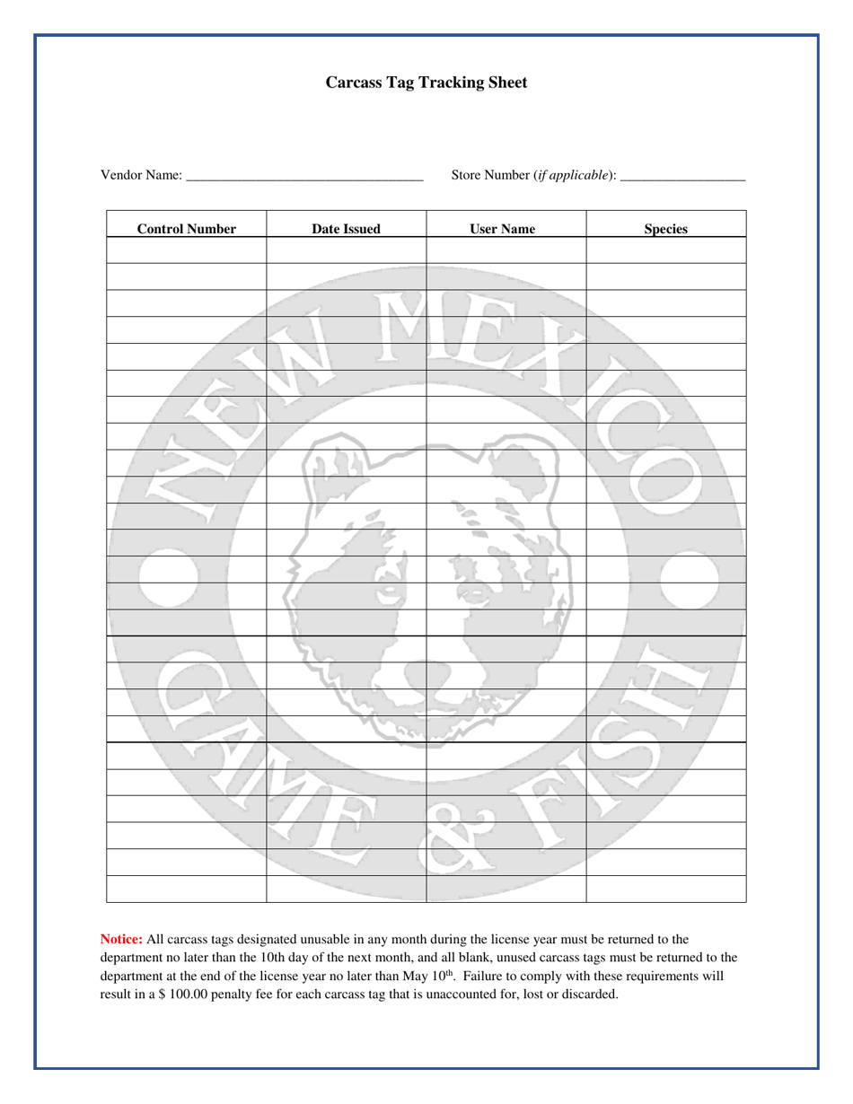 New Mexico Carcass Tag Tracking Sheet - Fill Out, Sign Online and ...