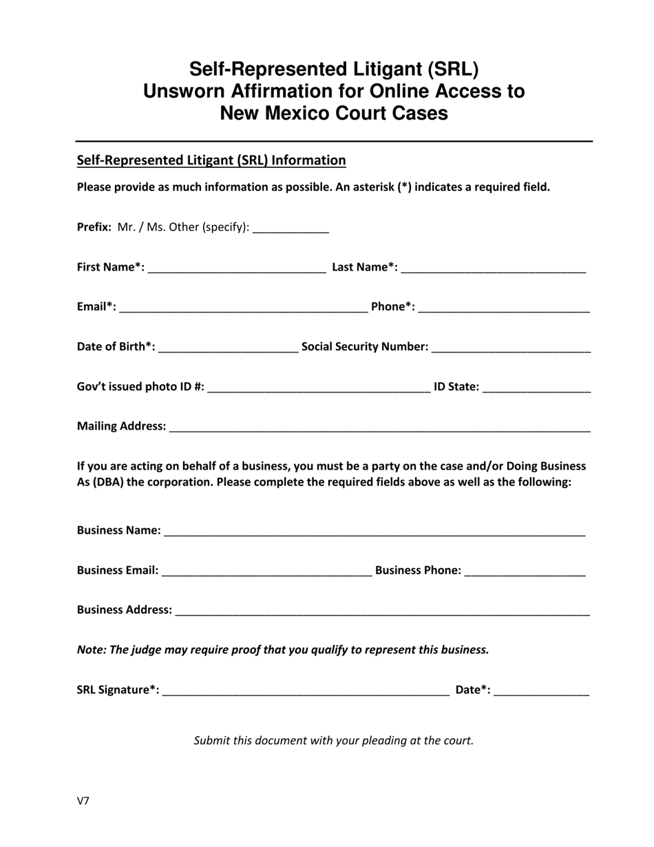 New Mexico Self-represented Litigant (Srl) Unsworn Affirmation for ...