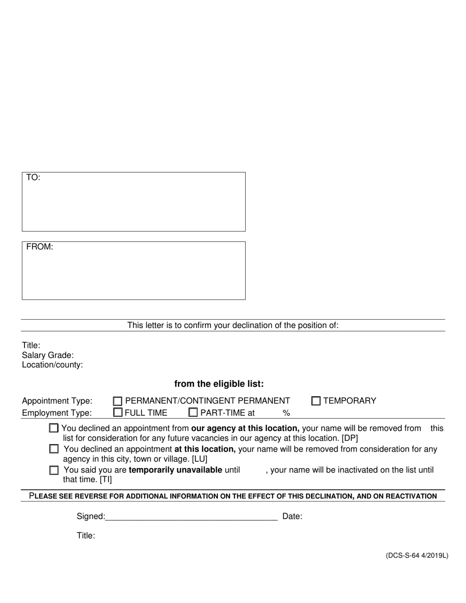 Form DCS-S-64 - Fill Out, Sign Online and Download Fillable PDF, New ...