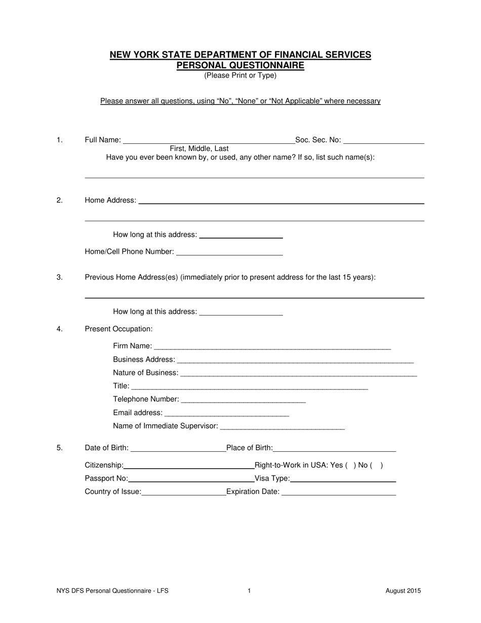New York Personal Questionnaire - Fill Out, Sign Online and Download PDF | Templateroller