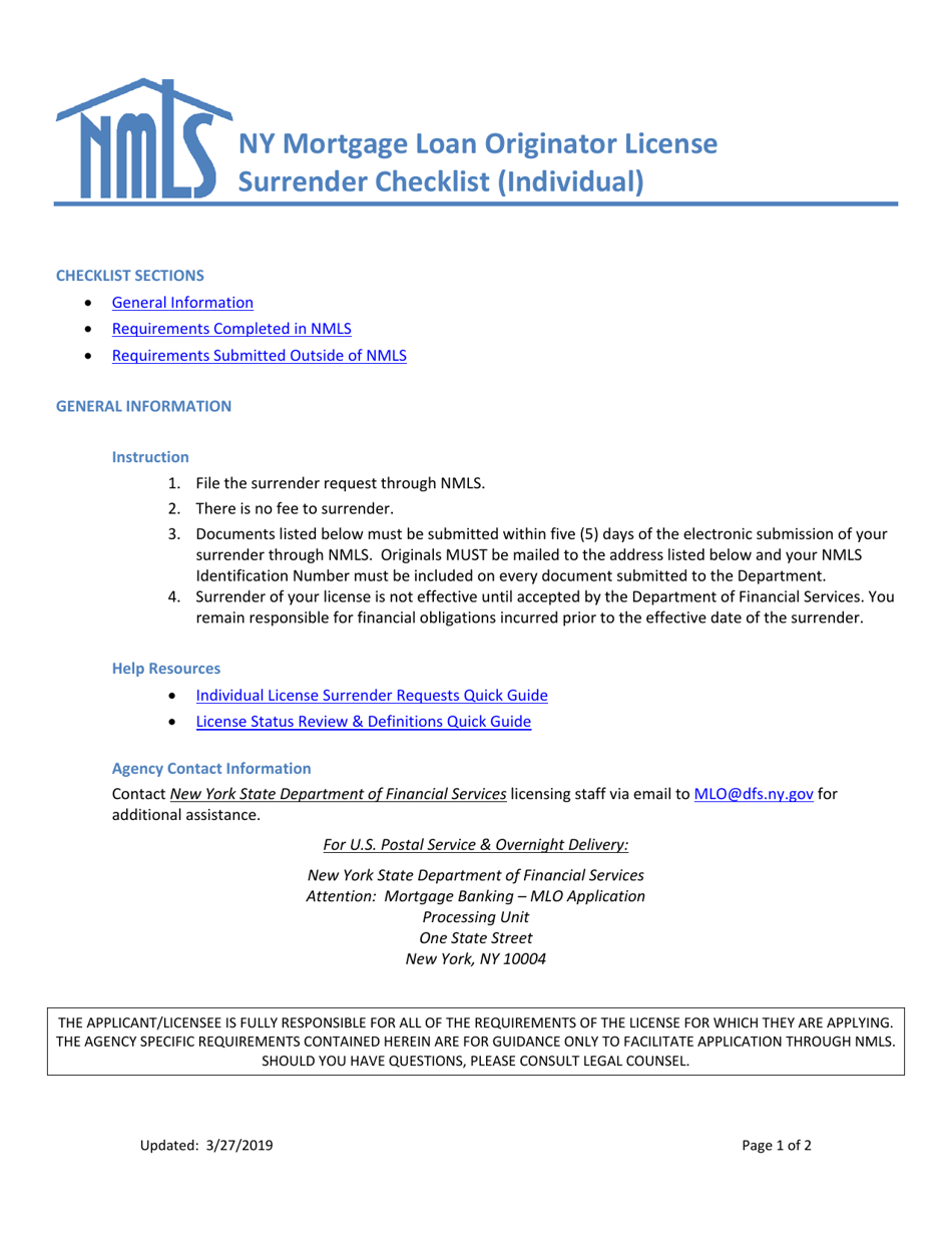 New York Ny Mortgage Loan Originator License Surrender Checklist ...