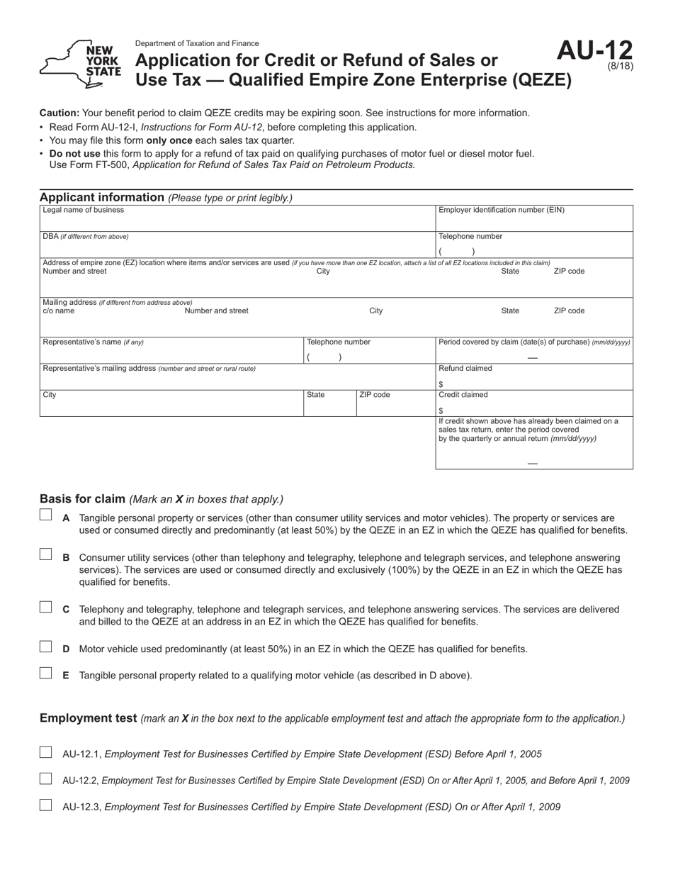 Form AU-12 - Fill Out, Sign Online and Download Fillable PDF, New York ...