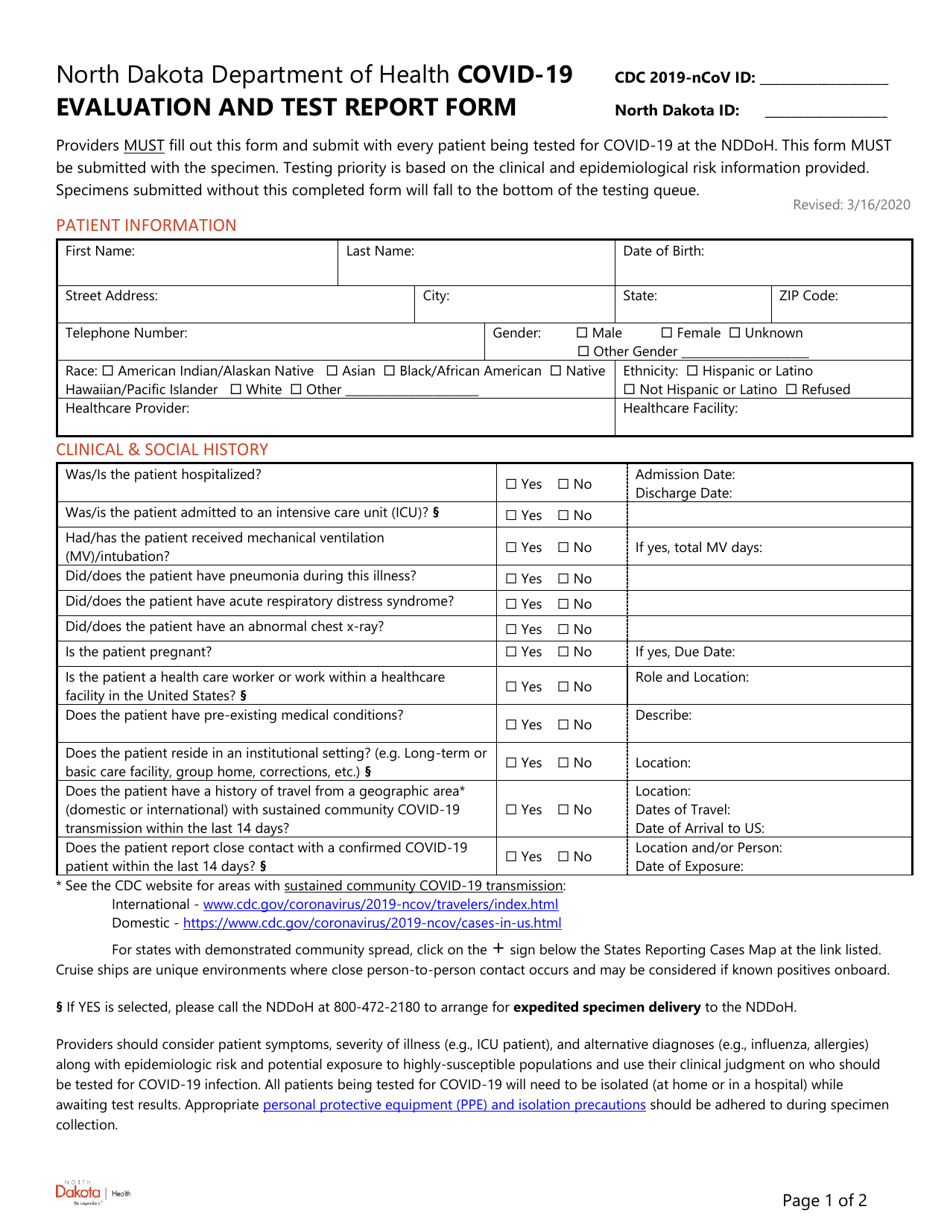 North Dakota Covid-19 Evaluation and Test Report Form - Fill Out, Sign ...