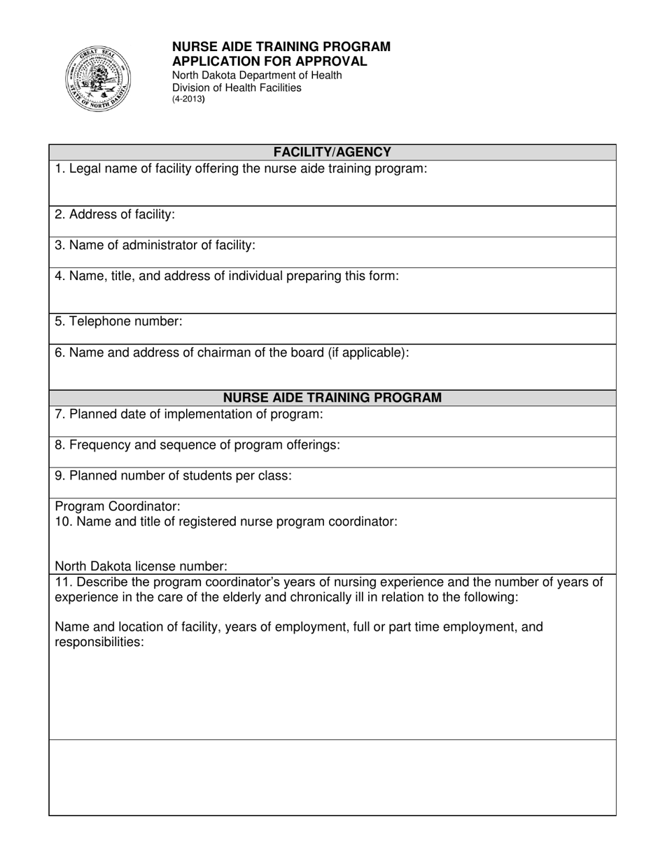 North Dakota Nurse Aide Training Program Application for Approval - Fill Out, Sign Online and ...