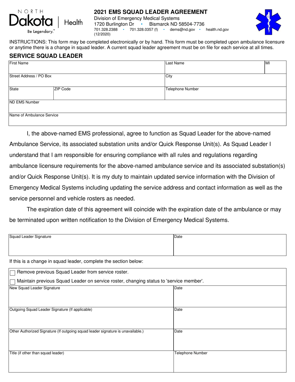 2021 North Dakota EMS Squad Leader Agreement - Fill Out, Sign Online ...
