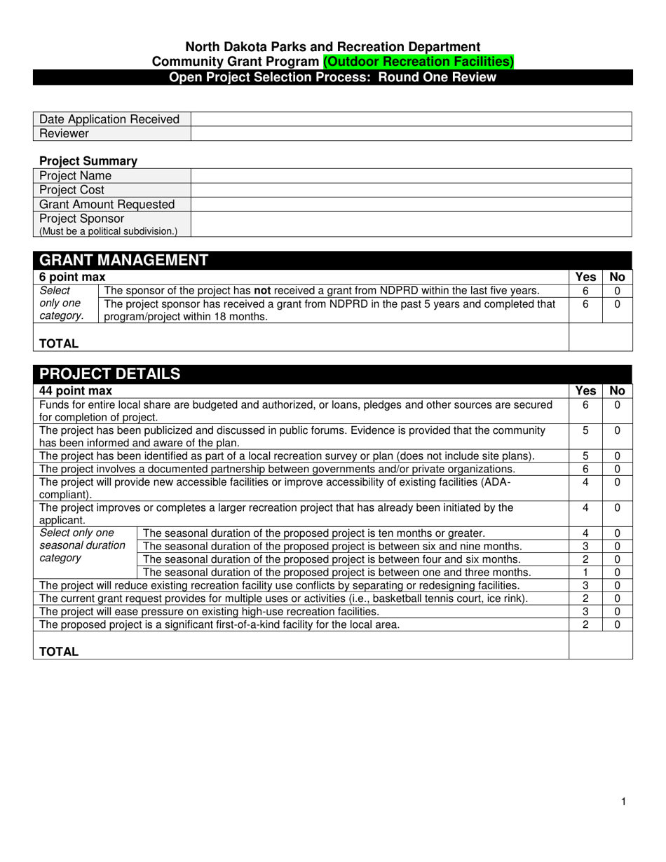 North Dakota Outdoor Recreation Facilities Grant Scoring Sheet - Fill ...