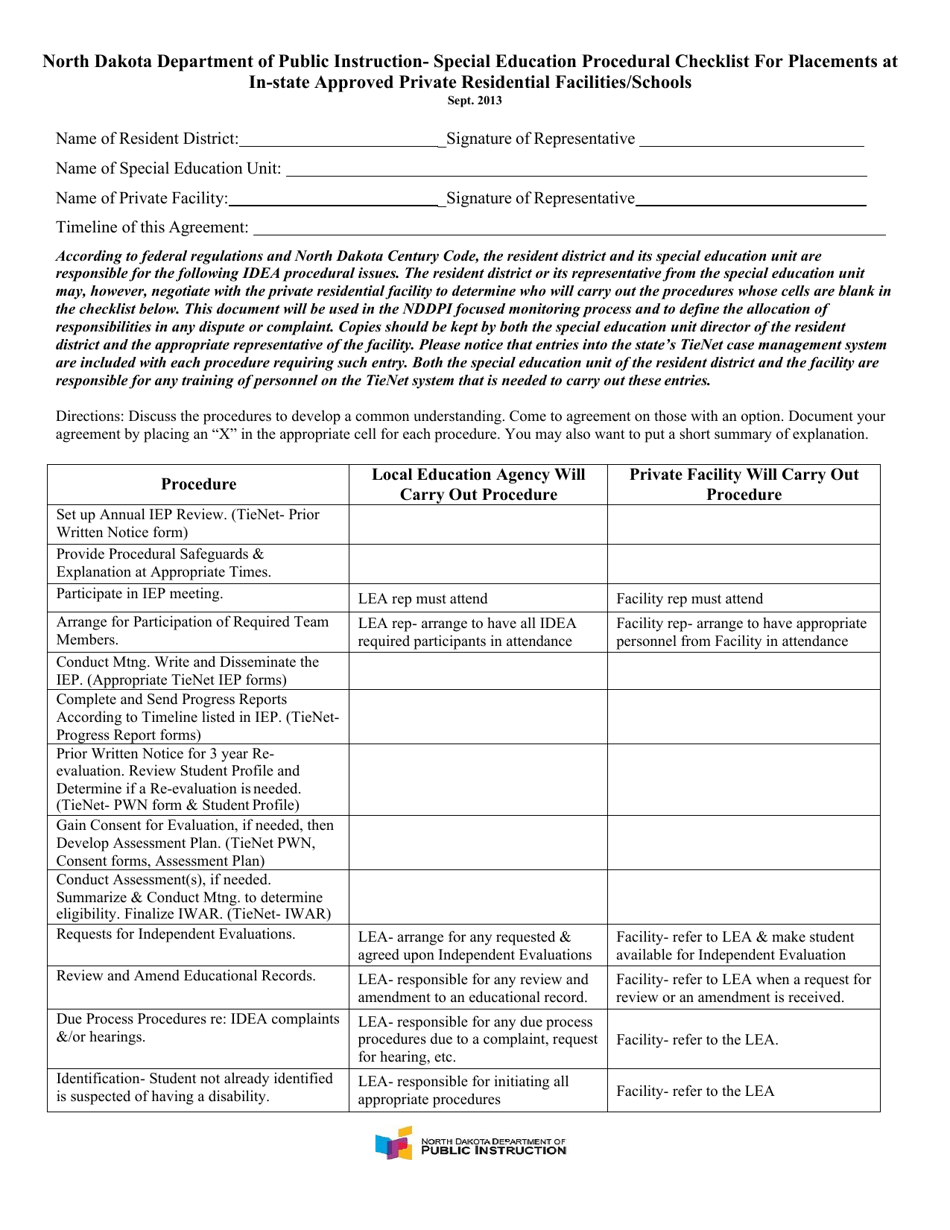 North Dakota Special Education Procedural Checklist for Placements at ...