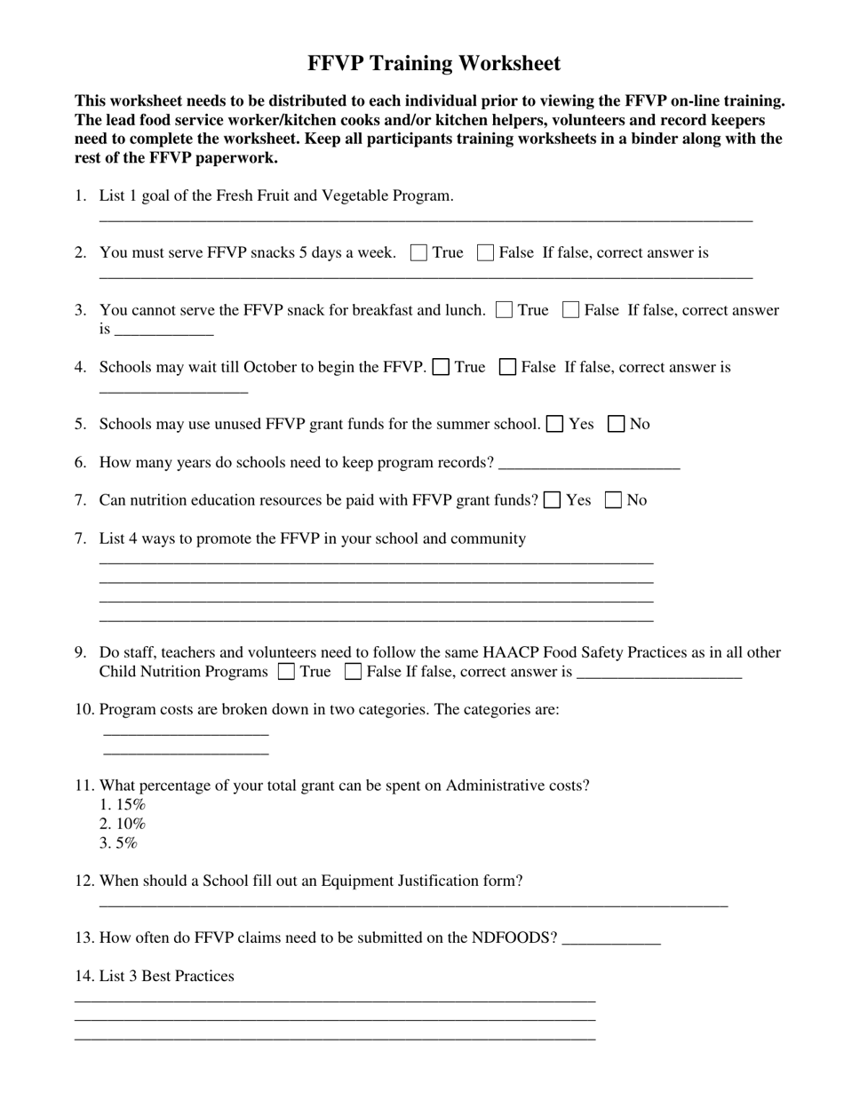 North Dakota Ffvp Training Worksheet - Fill Out, Sign Online and ...