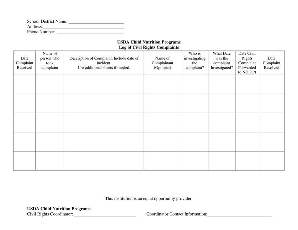 North Dakota Usda Child Nutrition Programs Log of Civil Rights ...