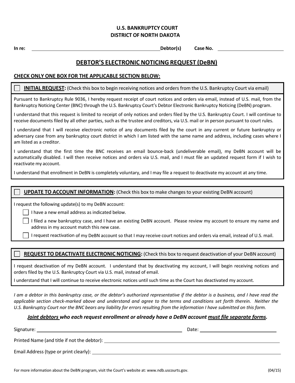 North Dakota Debtor's Electronic Noticing Request (Debn) - Fill Out ...