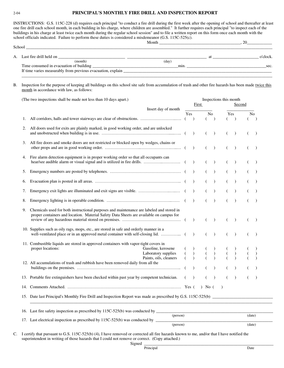 North Carolina Principal's Monthly Fire Drill and Inspection Report ...