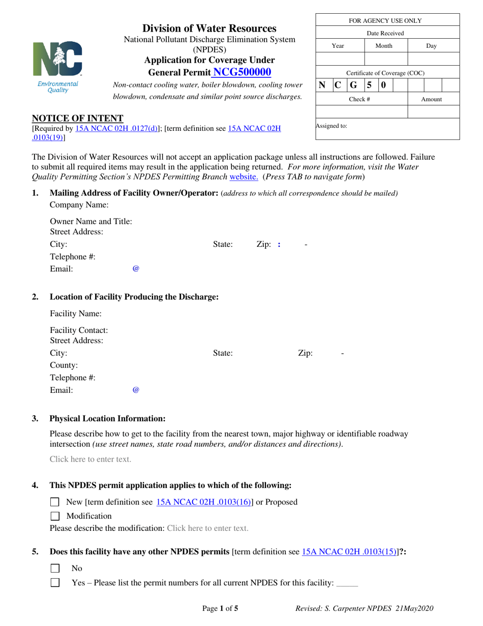 North Carolina Application for Coverage Under General-Permit Ncg500000 ...