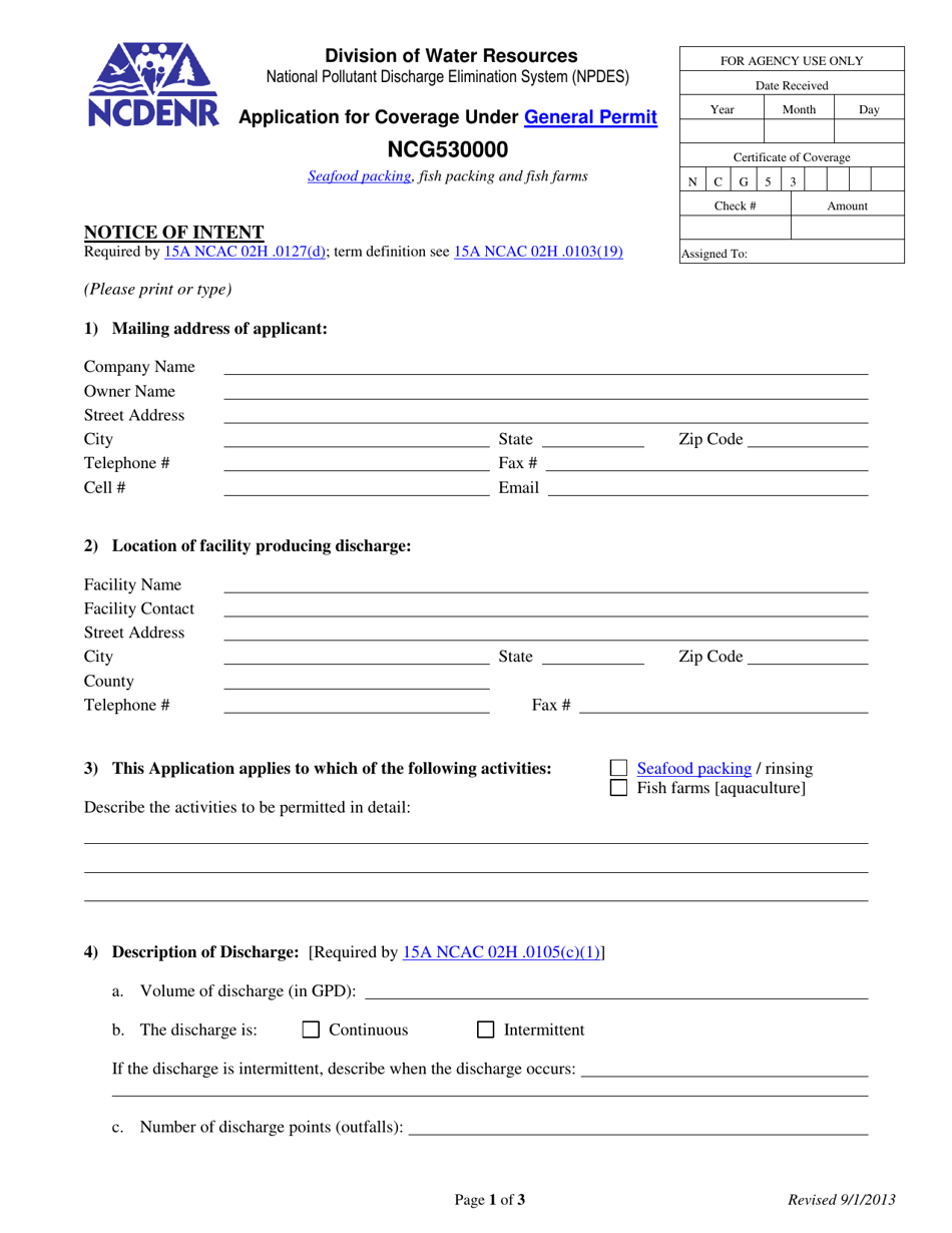 North Carolina Application for Coverage Under General Permit Ncg530000 ...
