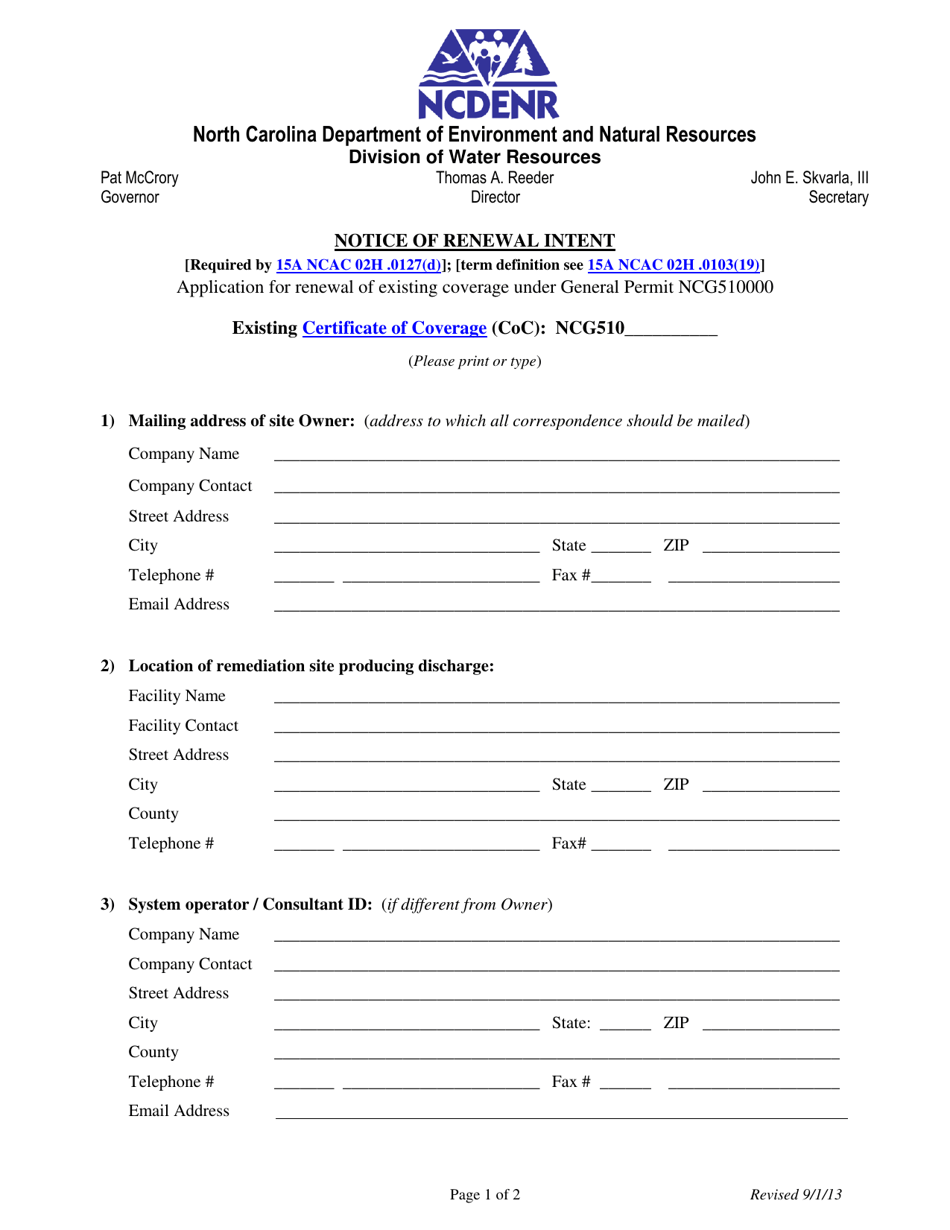 North Carolina Application for Renewal of Existing Coverage Under ...