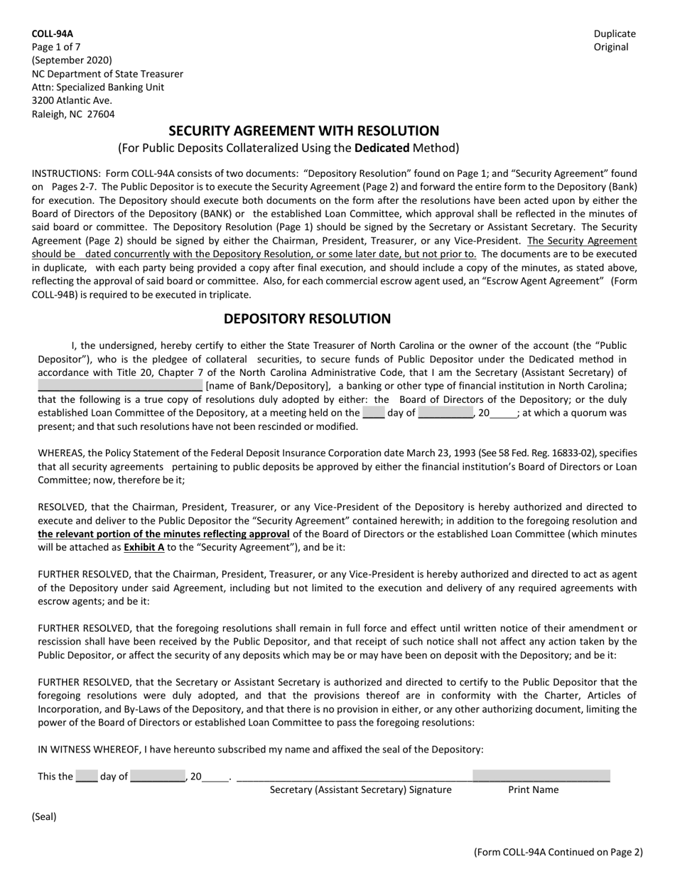 Form COLL-94A - Fill Out, Sign Online and Download Printable PDF, North ...