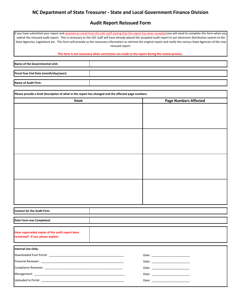 North Carolina Audit Report Reissued Form - Fill Out, Sign Online and Download PDF | Templateroller