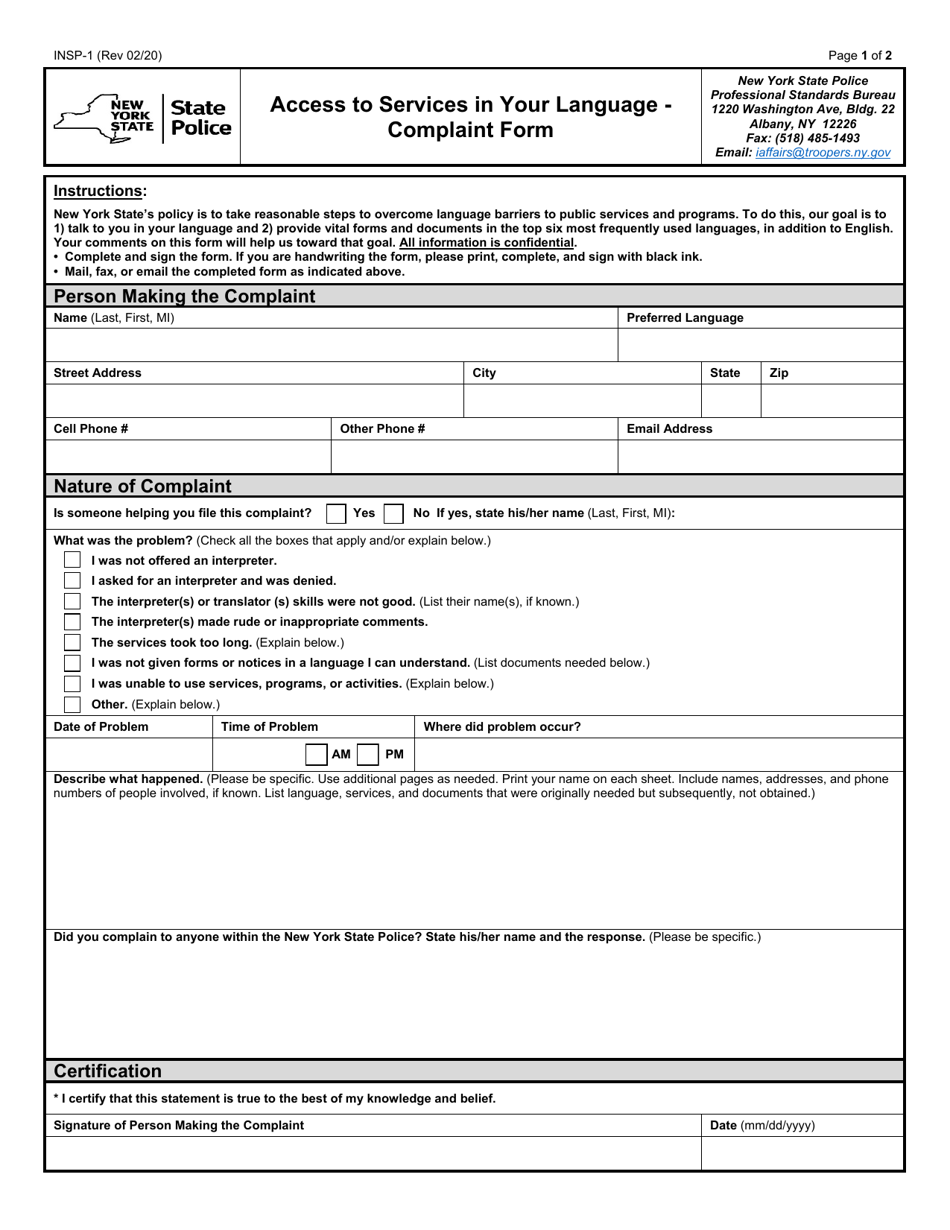 Form INSP-1 - Fill Out, Sign Online and Download Fillable PDF, New York ...