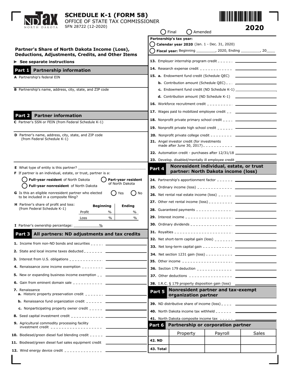 Form 58 (SFN28722) Schedule K-1 - 2020 - Fill Out, Sign Online and ...