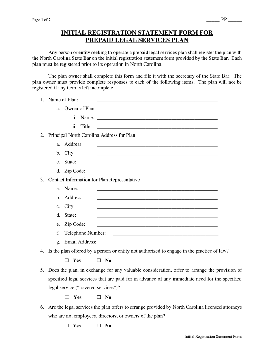North Carolina Initial Registration Statement Form for Prepaid Legal ...