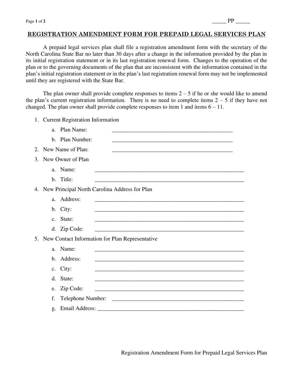 North Carolina Registration Amendment Form for Prepaid Legal Services ...