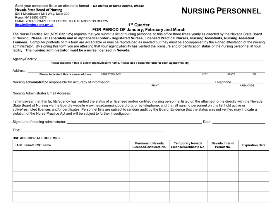 Nevada Nursing Personnel - 1st Quarter - Fill Out, Sign Online and ...
