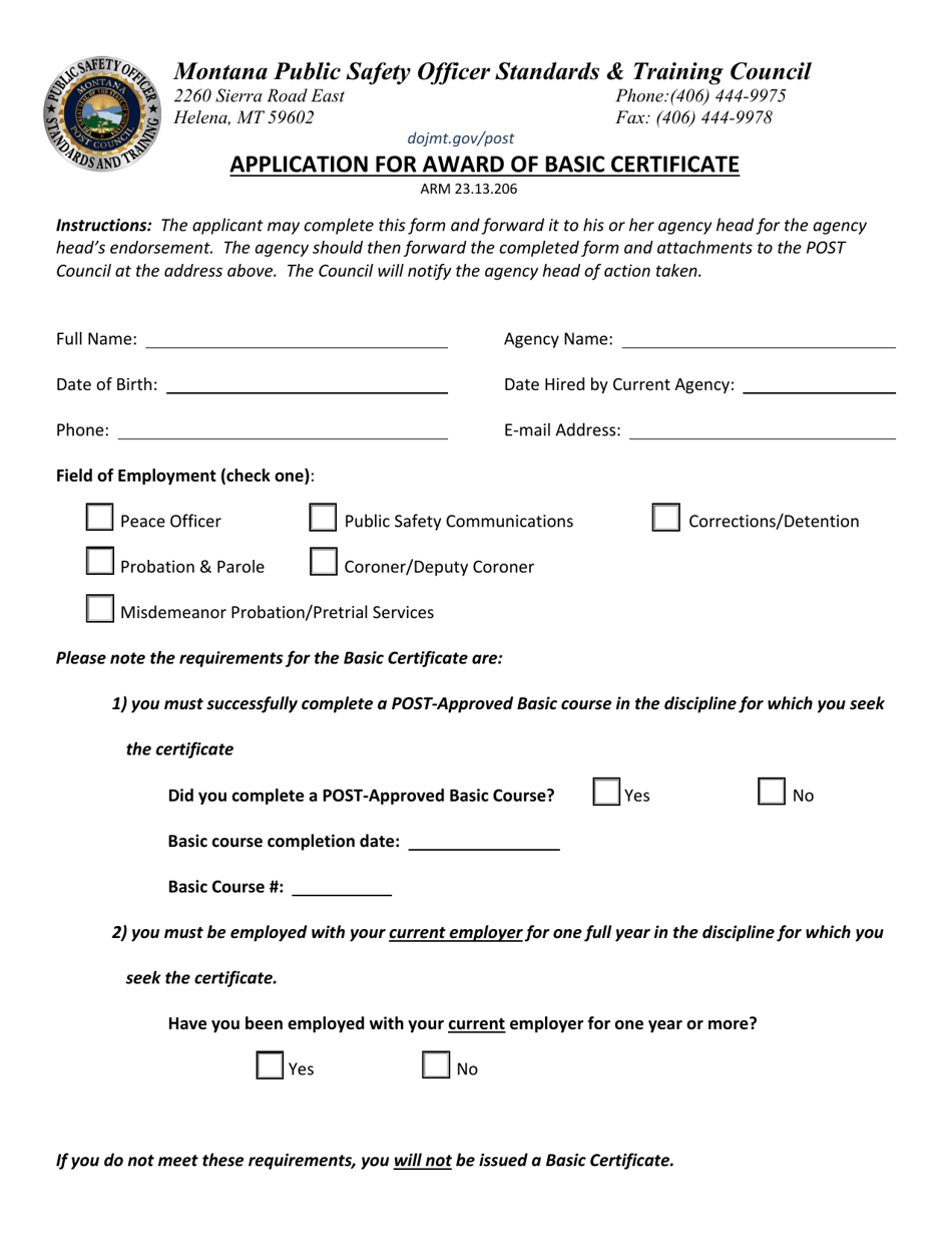 Montana Application for Award of Basic Certificate - Fill Out, Sign Online and Download PDF ...