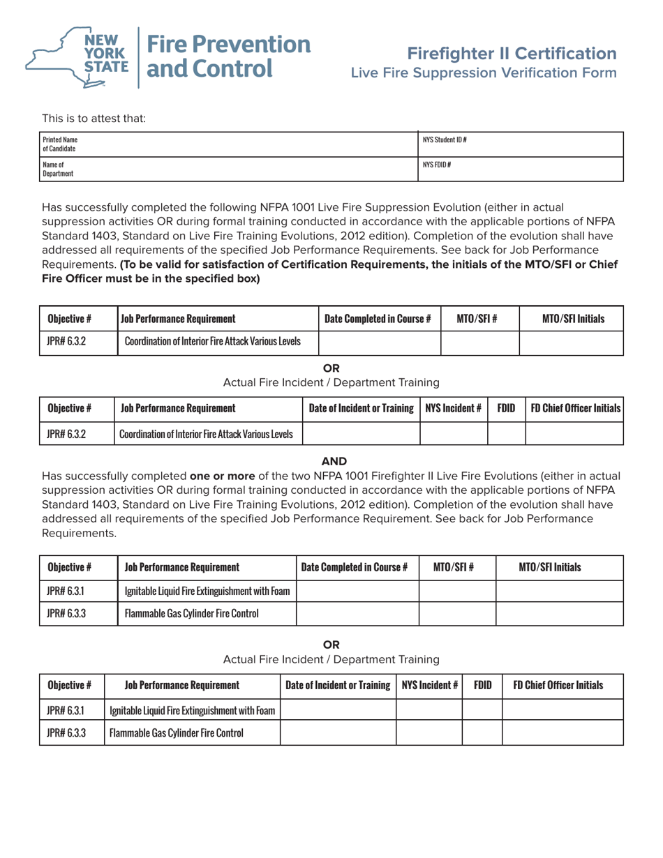New York Live Fire Suppression Verification Form - Firefighter Ii ...