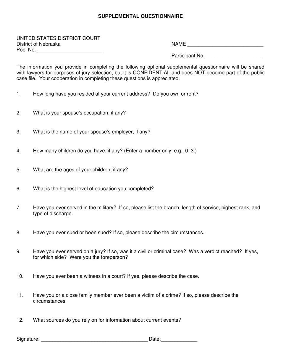 Nebraska Supplemental Jury Questionnaire - Fill Out, Sign Online and ... Nebraska Supplemental Jury Questionnaire - Fill Out, Sign Online and ...