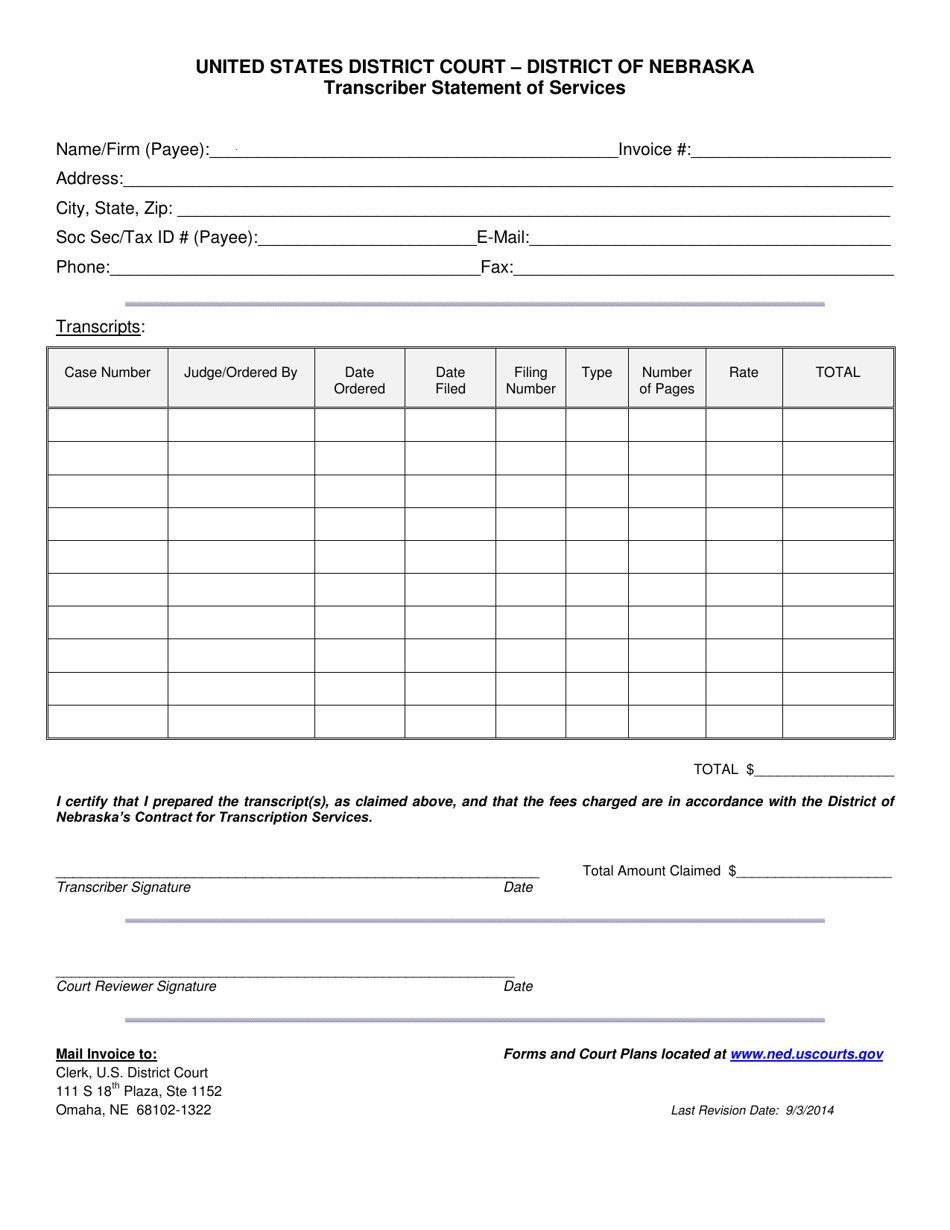 Nebraska Transcriber Statement of Services - Fill Out, Sign Online and ...