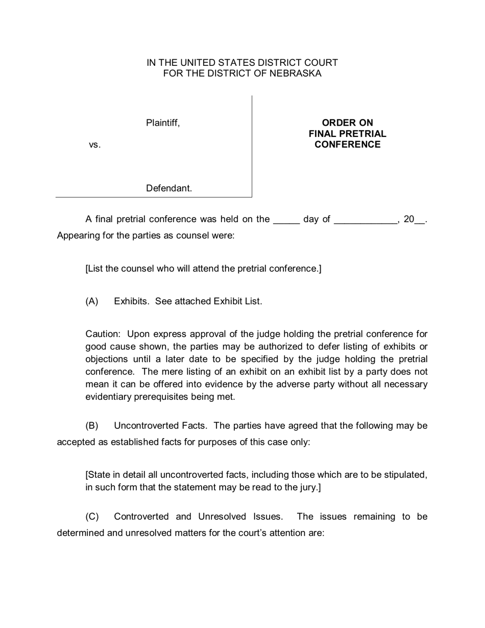 Nebraska Order on Final Pretrial Conference - Fill Out, Sign Online and ...