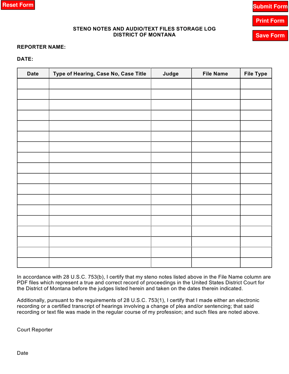 Montana Steno Notes and Audio/Text Files Storage Log - Fill Out, Sign ...
