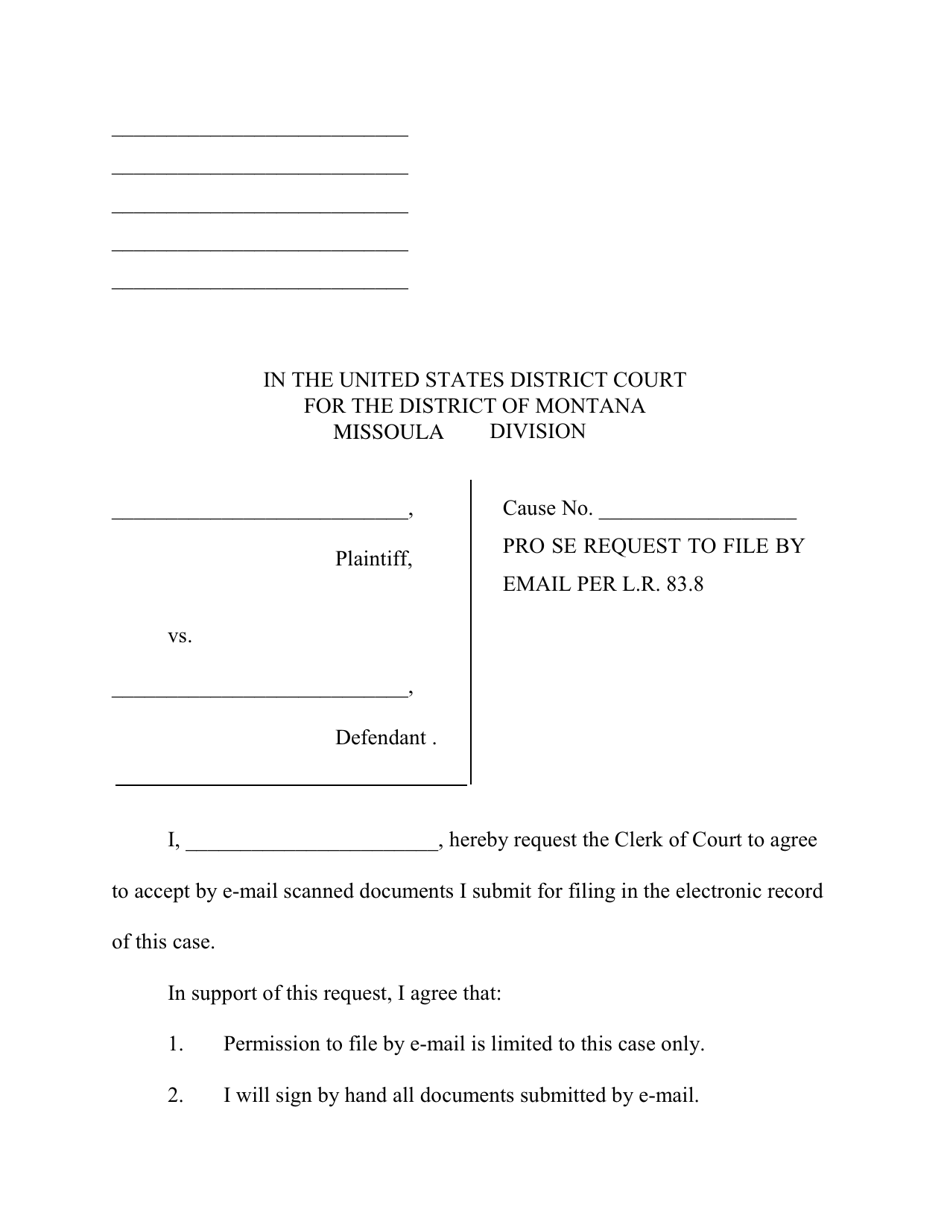 Montana Pro Se Request to File by Email Per L.r. 83.8 - Fill Out, Sign ...