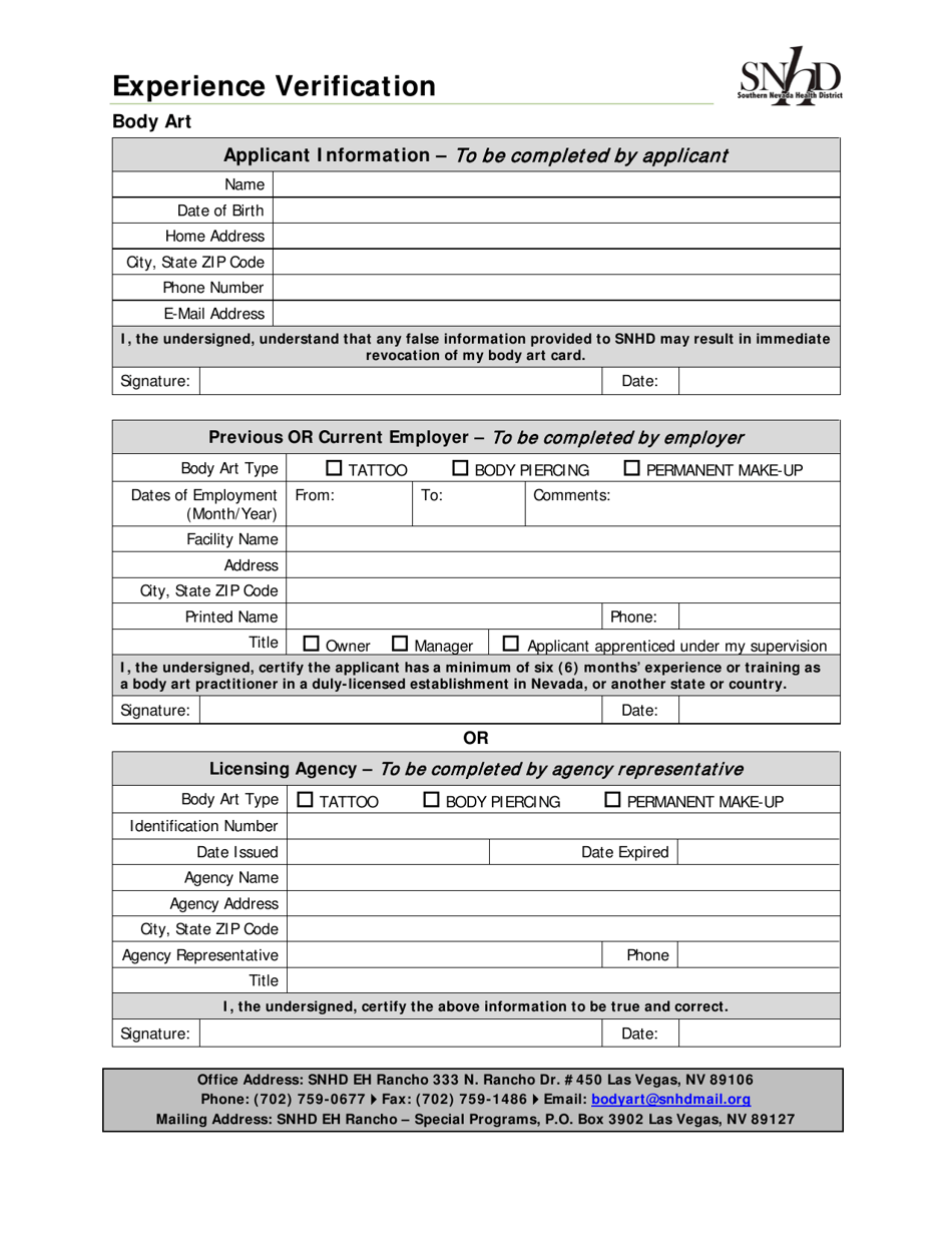 Nevada Experience Verification - Body Art - Fill Out, Sign Online and ...
