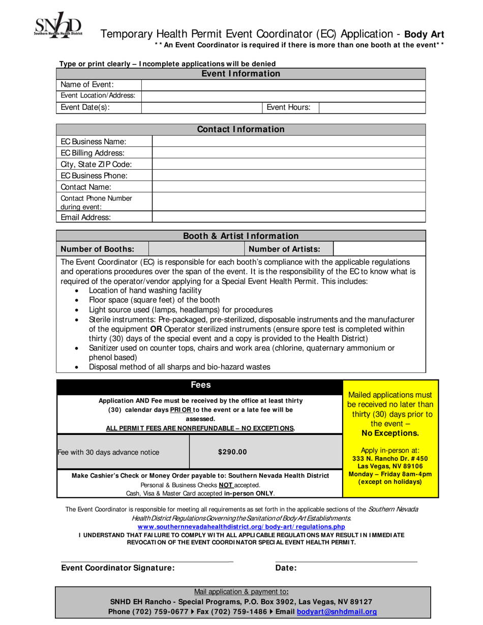 Nevada Temporary Health Permit Event Coordinator (Ec) Application ...