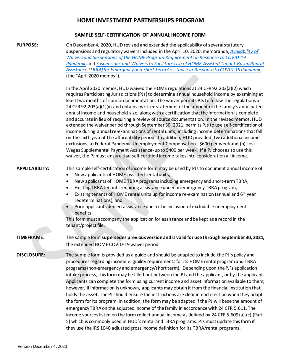 New York Self-certification of Annual Income to Implement Covid-19 ...