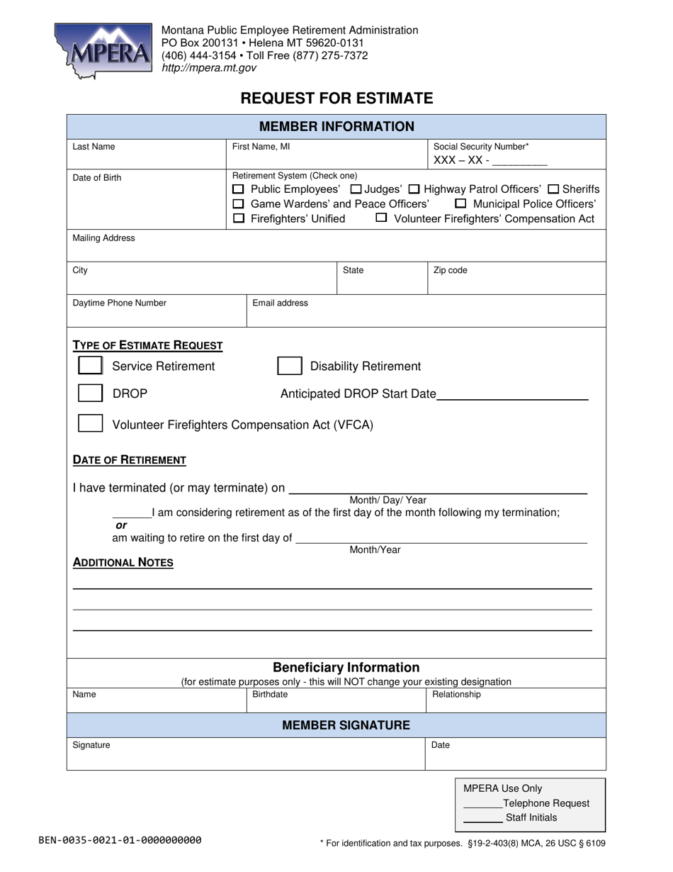 Montana Request for Estimate - Fill Out, Sign Online and Download PDF ...