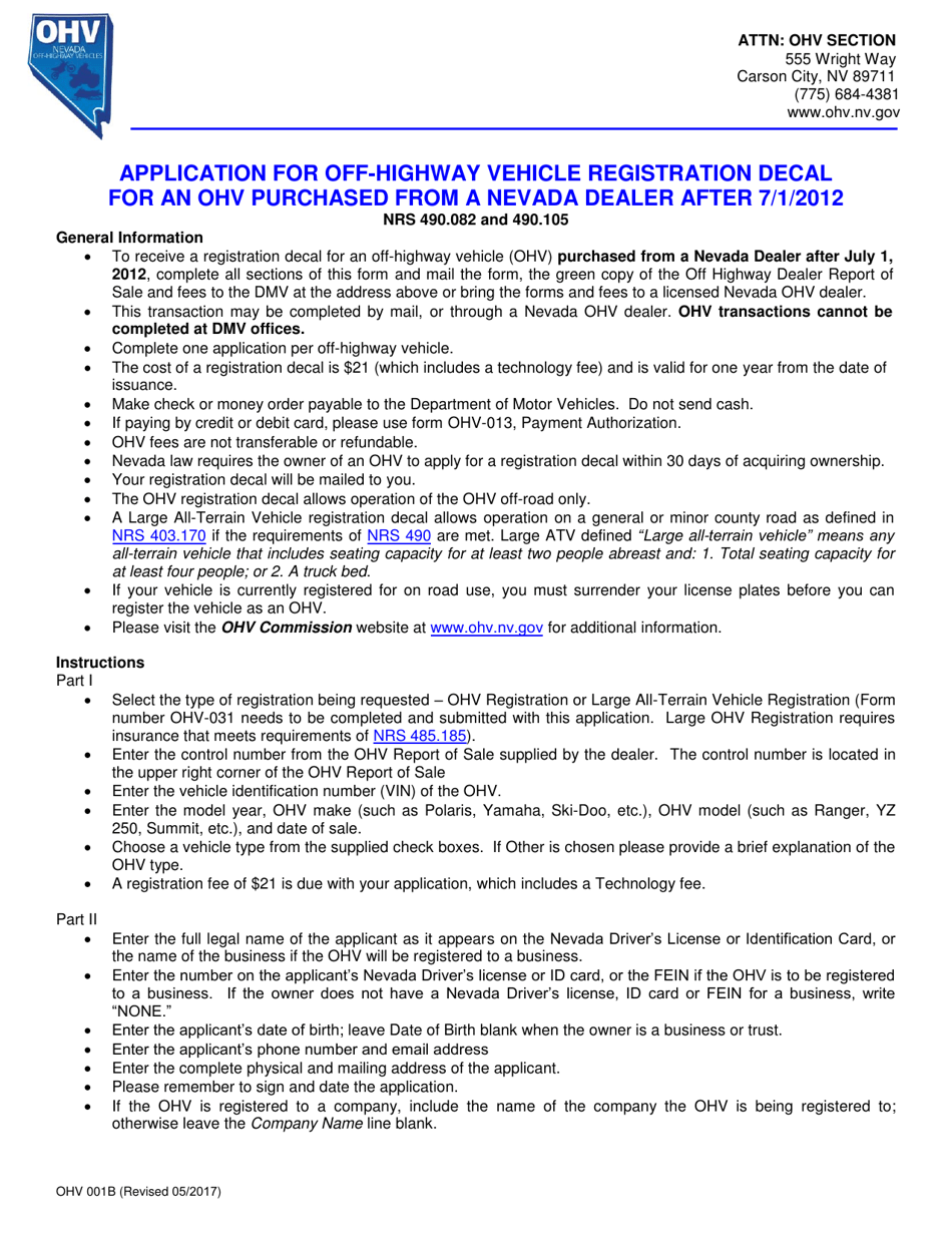 Form OHV001B - Fill Out, Sign Online and Download Fillable PDF, Nevada ...