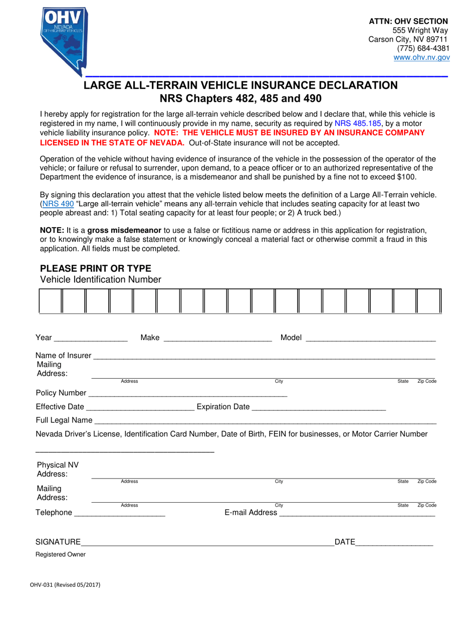 Form OHV-031 - Fill Out, Sign Online and Download Fillable PDF, Nevada ...