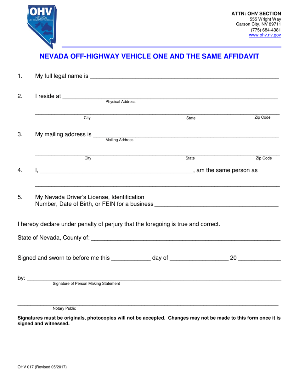 Form OHV017 - Fill Out, Sign Online and Download Fillable PDF, Nevada ...