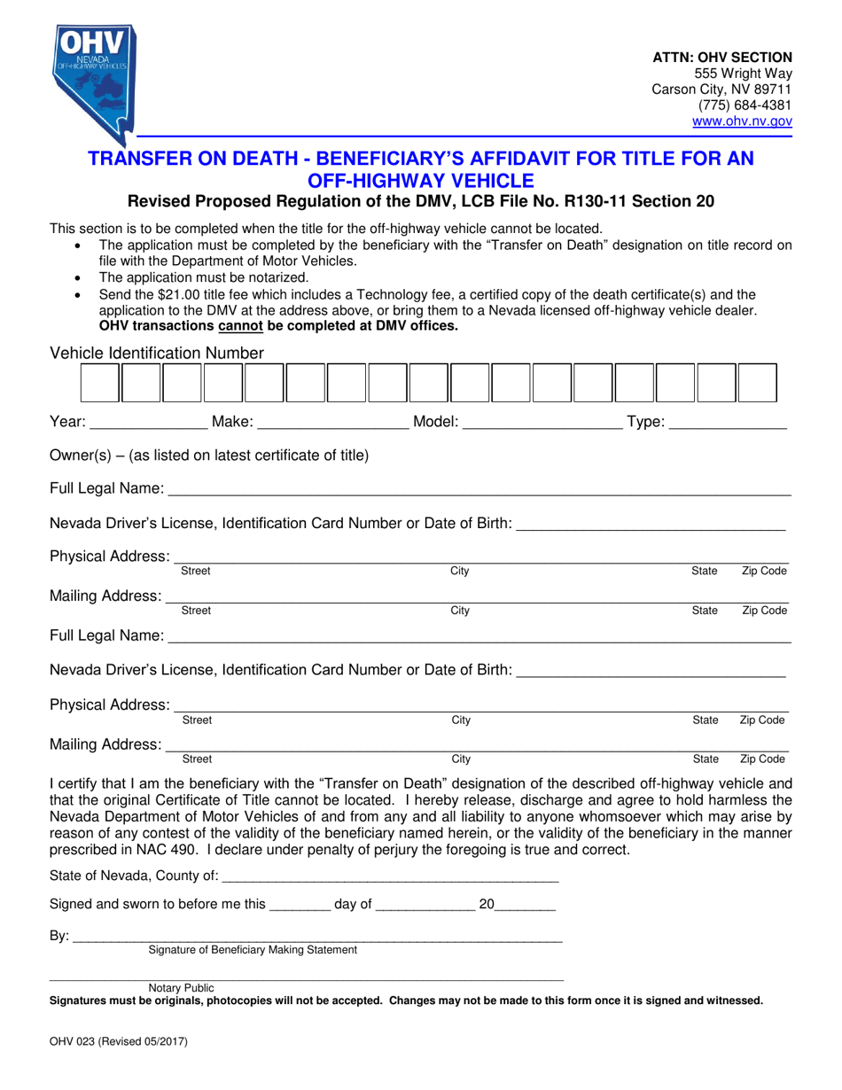 Form OHV023 - Fill Out, Sign Online and Download Fillable PDF, Nevada ...