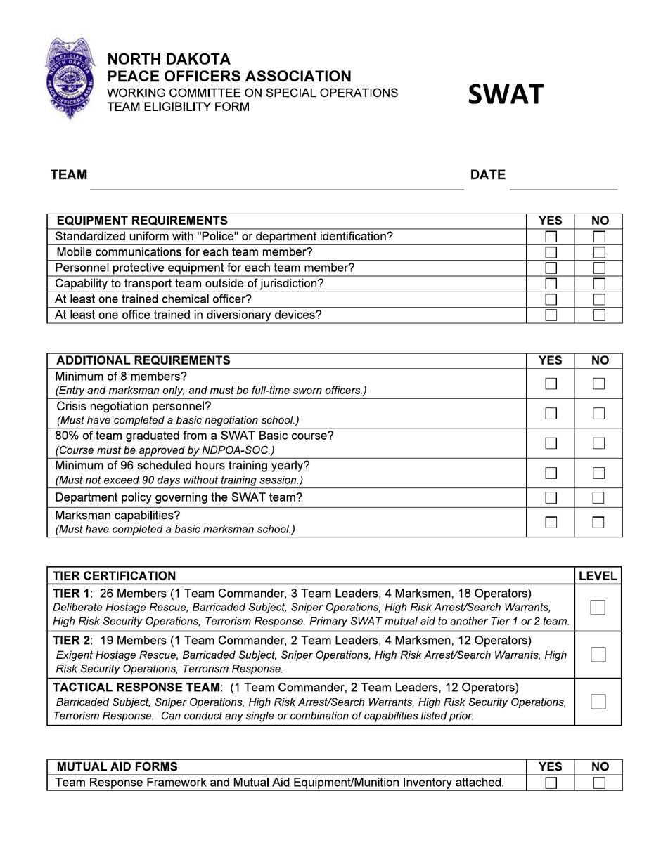 North Dakota Working Committee on Special Operations Team Eligibility ...
