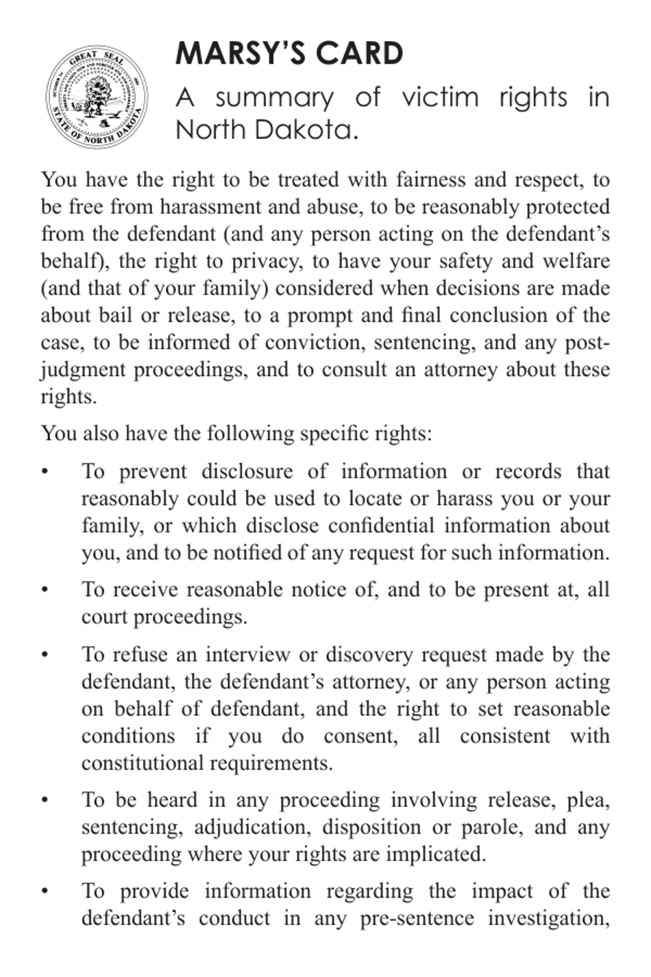 North Dakota Marsy's Card (Postcard) Download Printable PDF ...