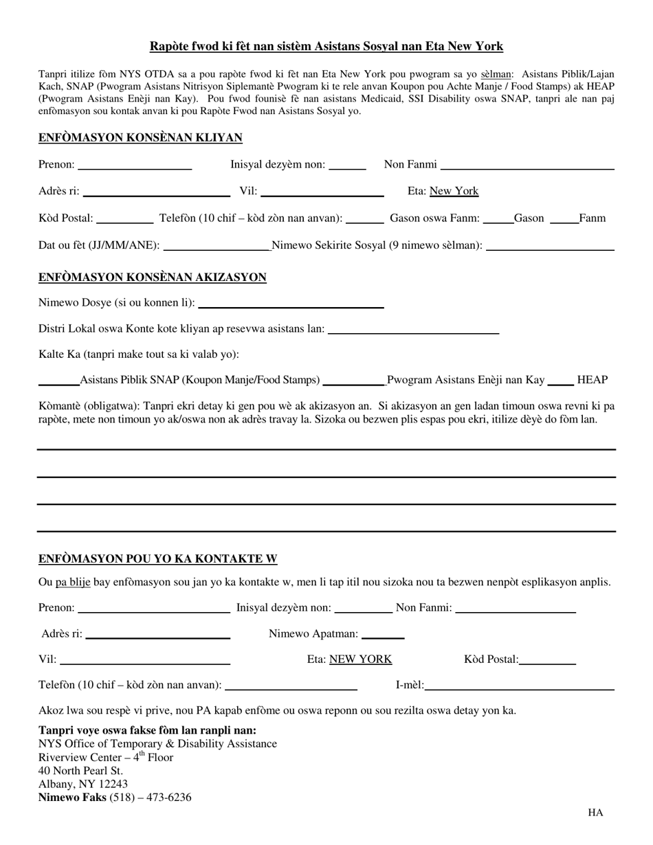 New York Welfare Fraud Reporting Form (Haitian Creole) - Fill Out, Sign ...